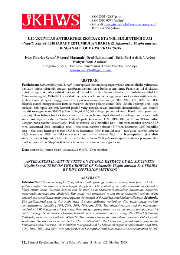 (PDF) UJI AKTIVITAS ANTIBAKTERI PADA EKSTRAK ETANOL BIJI JINTEN HITAM ...