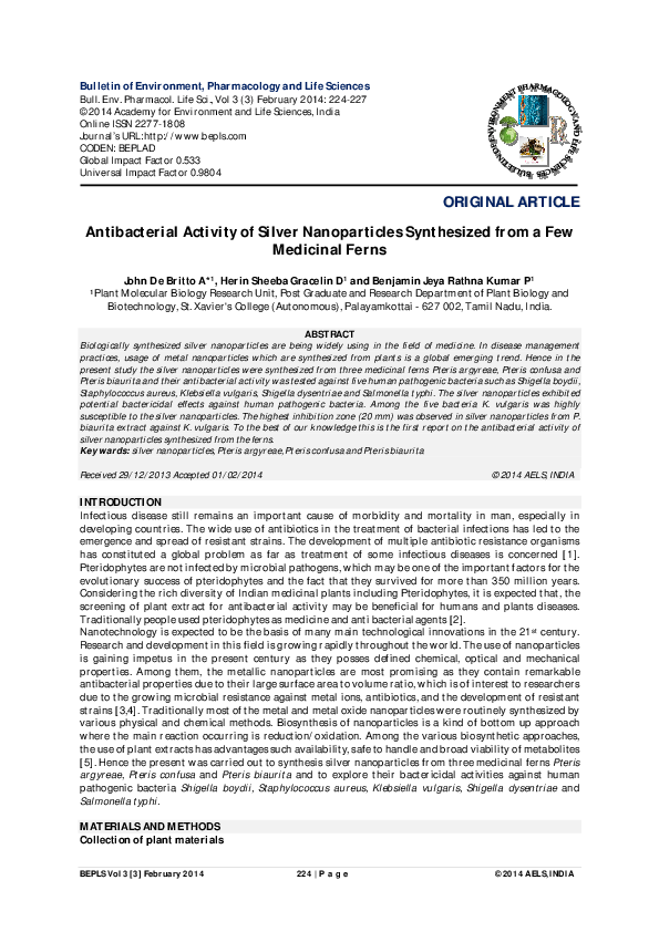(PDF) Antibacterial Activity of Silver Nanoparticles Synthesized from a Few Medicinal Ferns