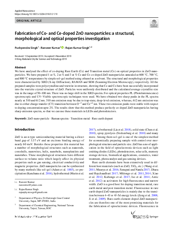 (PDF) Fabrication of Co- and Ce-doped ZnO nanoparticles: a structural, morphological and optical ...