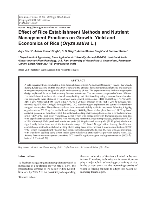 (PDF) Effect of Rice Establishment Methods and Nutrient Management ...