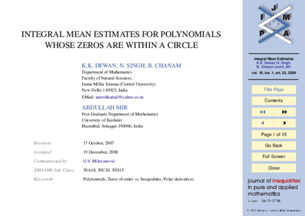 (PDF) Integral mean estimates for polynomials whose zeros are within a ...