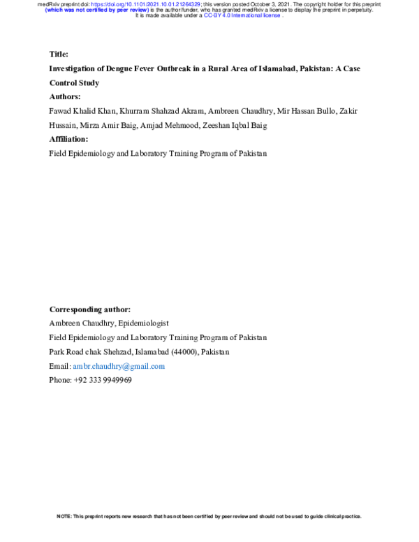 (PDF) Investigation of Dengue Fever Outbreak in a Rural Area of ...