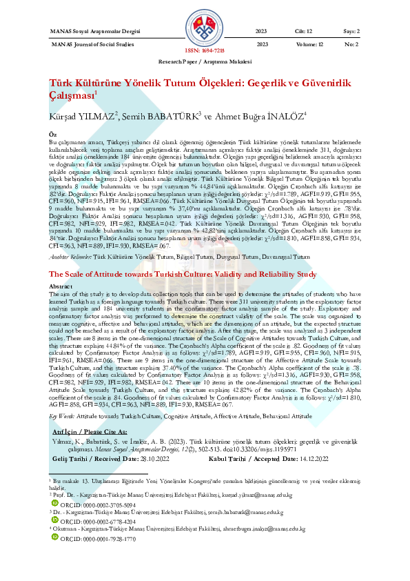 (PDF) The Scale of Attitude towards Turkish Culture: Validity and ...