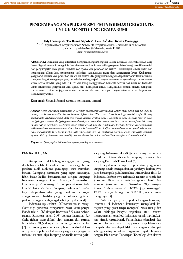 (PDF) Pengembangan Aplikasi Sistem Informasi Geografis Untuk Monitoring Gempabumi