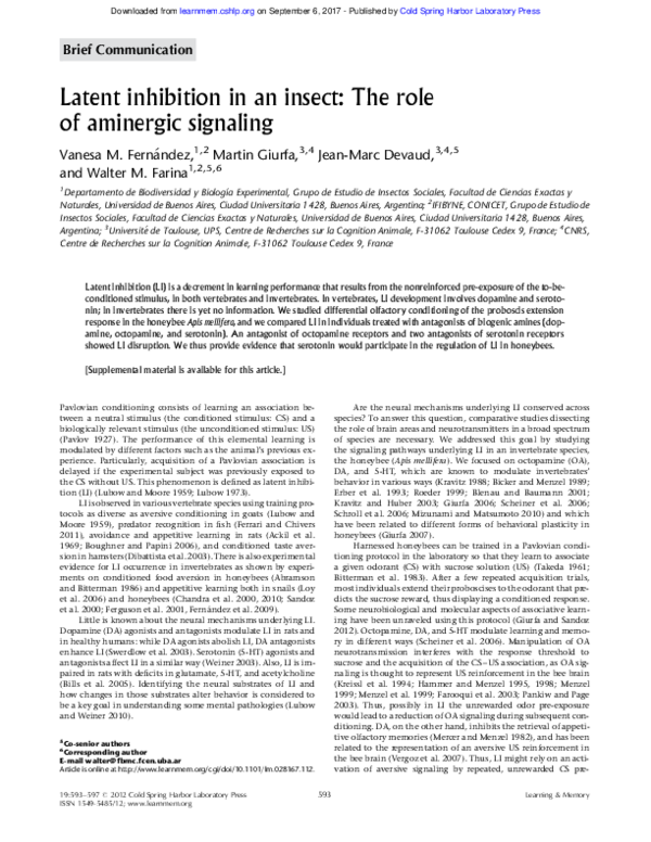 (PDF) Latent inhibition in an insect: The role of aminergic signaling