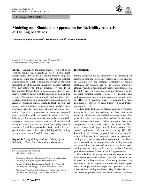 (PDF) Modeling and Simulation Approaches for Reliability Analysis of Drilling Machines