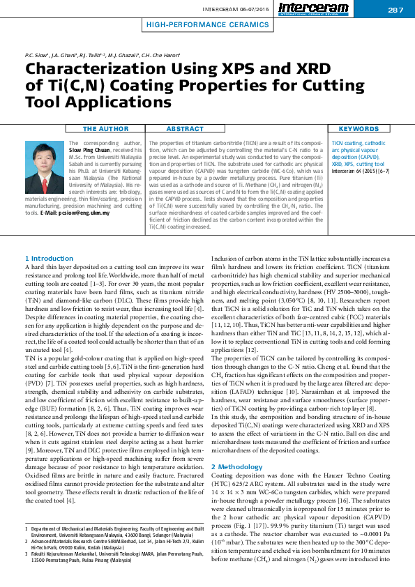 (PDF) Characterization Using XPS and XRD of Ti(C,N) Coating Properties for Cutting Tool Applications