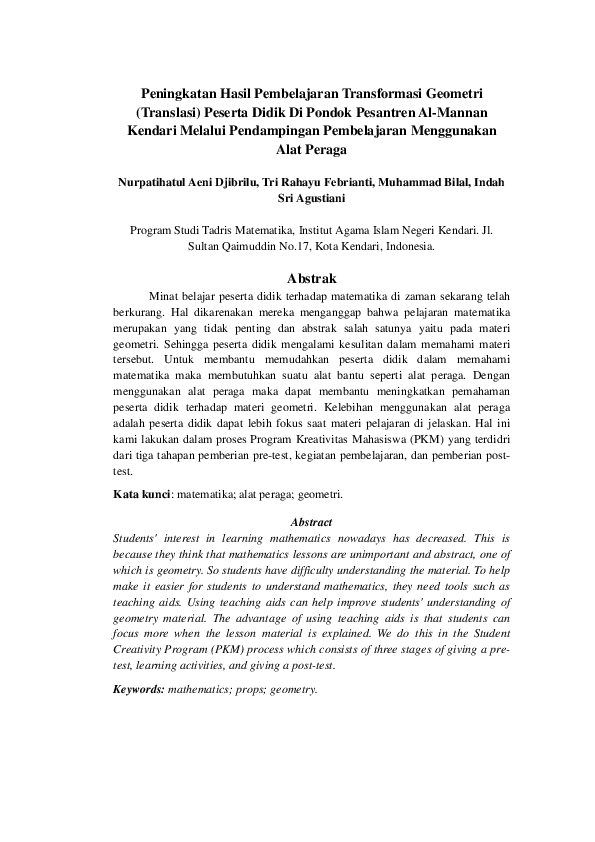 (PDF) Peningkatan Hasil Pembelajaran Transformasi Geometri (Translasi) Peserta Didik Di Pondok ...