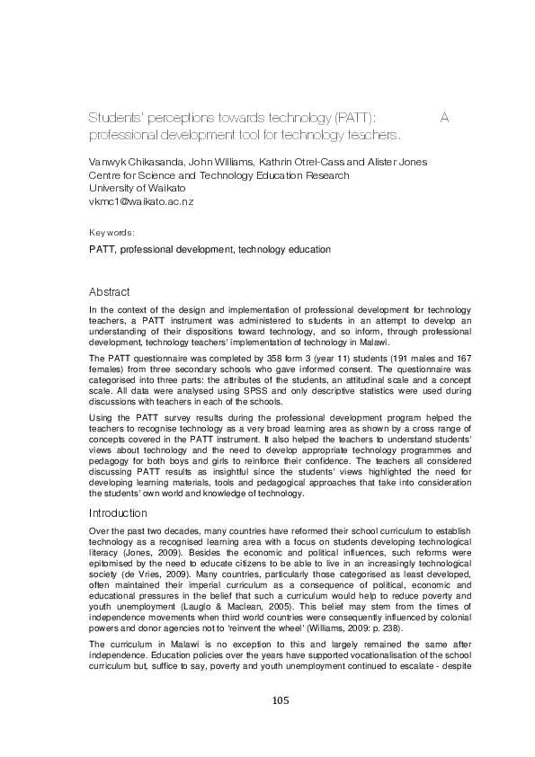 (PDF) Students’ perceptions towards technology (PATT): A professional ...