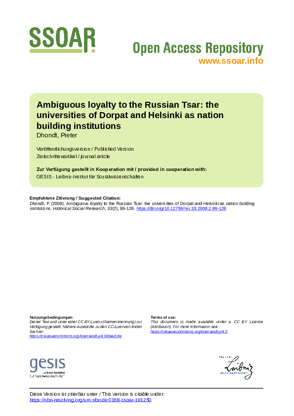 (PDF) Ambiguous Loyalty to the Russian Tsar. The Universities of Dorpat ...