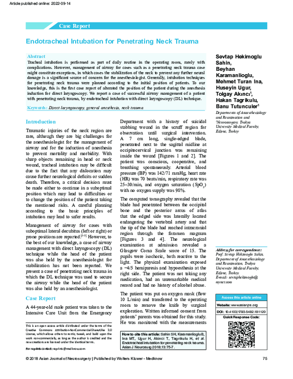 (PDF) Endotracheal intubation for penetrating neck trauma