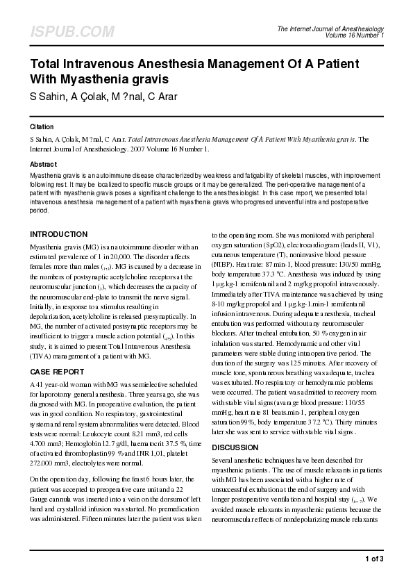 (PDF) Total Intravenous Anesthesia Management Of A Patient With ...