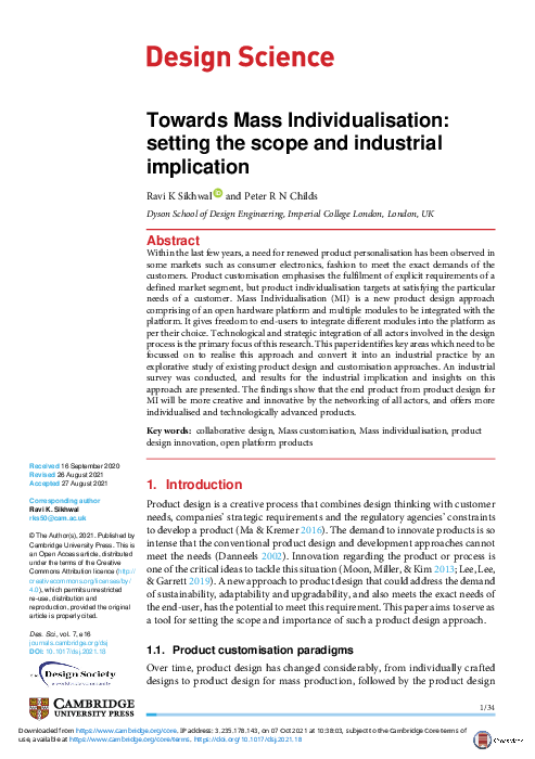 (PDF) Towards Mass Individualisation: setting the scope and industrial ...