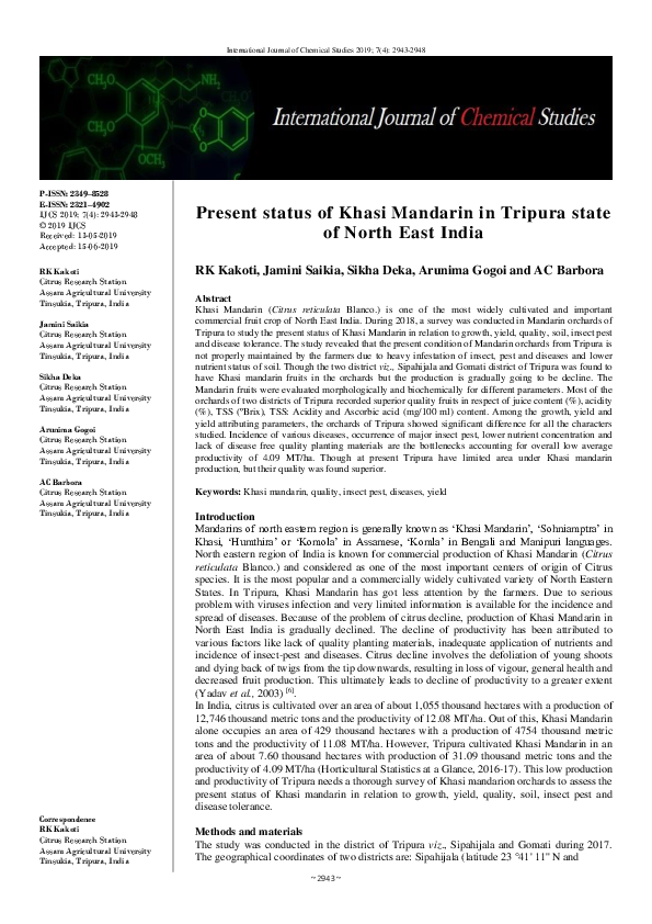 (PDF) Present status of Khasi Mandarin in Tripura state of North East India
