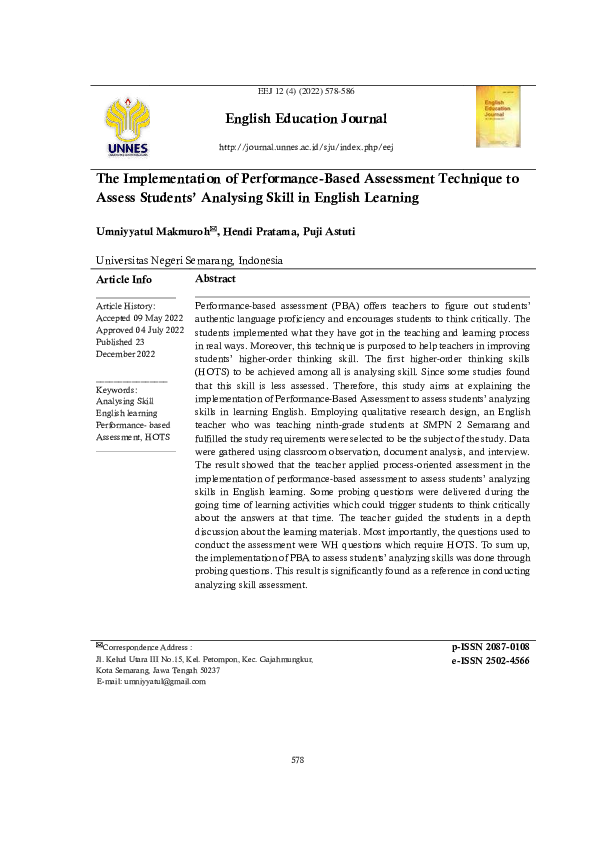 (PDF) The Implementation of Performance-Based Assessment Technique to Assess Students’ Analysing ...