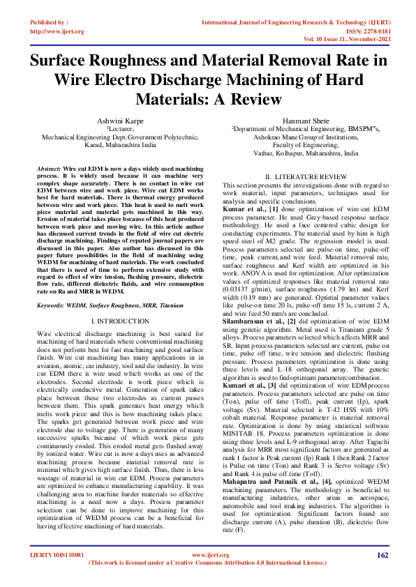 (PDF) Surface Roughness and Material Removal Rate in Wire Electro Discharge Machining of Hard ...