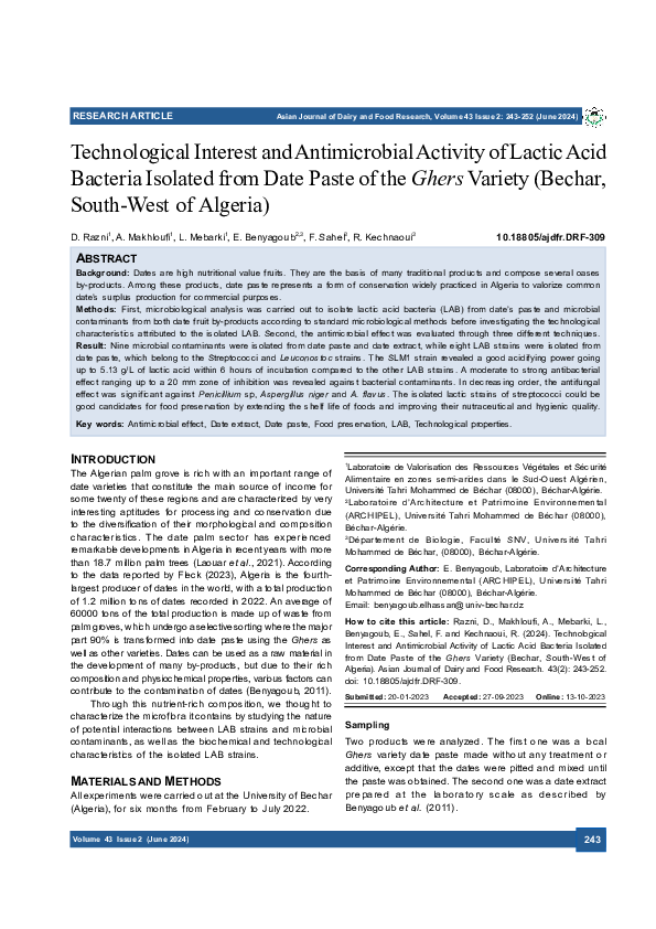 (PDF) Technological Interest and Antimicrobial Activity of Lactic Acid ...