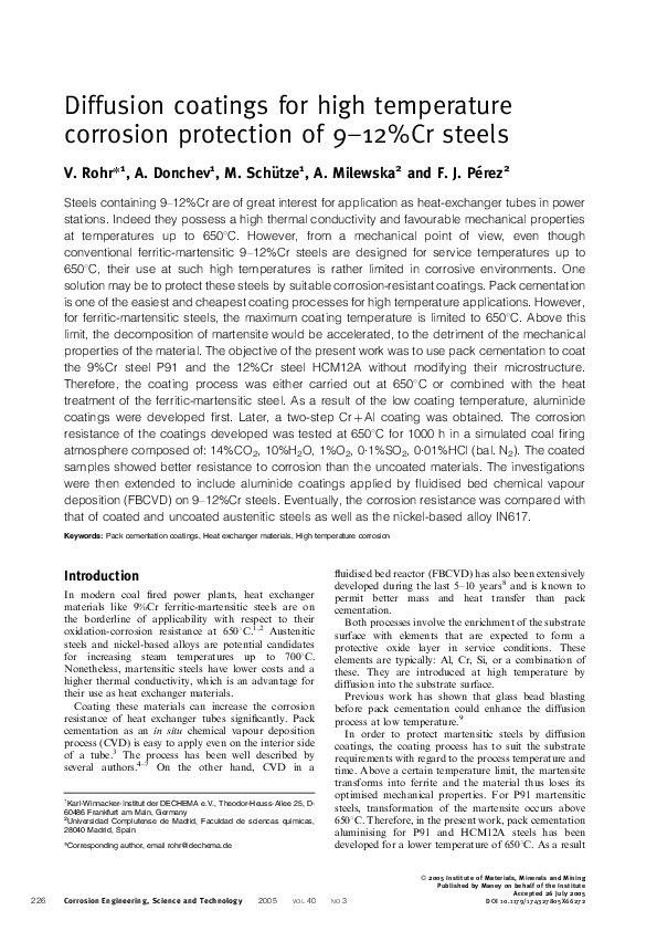 (PDF) Diffusion coatings for high temperature corrosion protection of 9–12%Cr steels