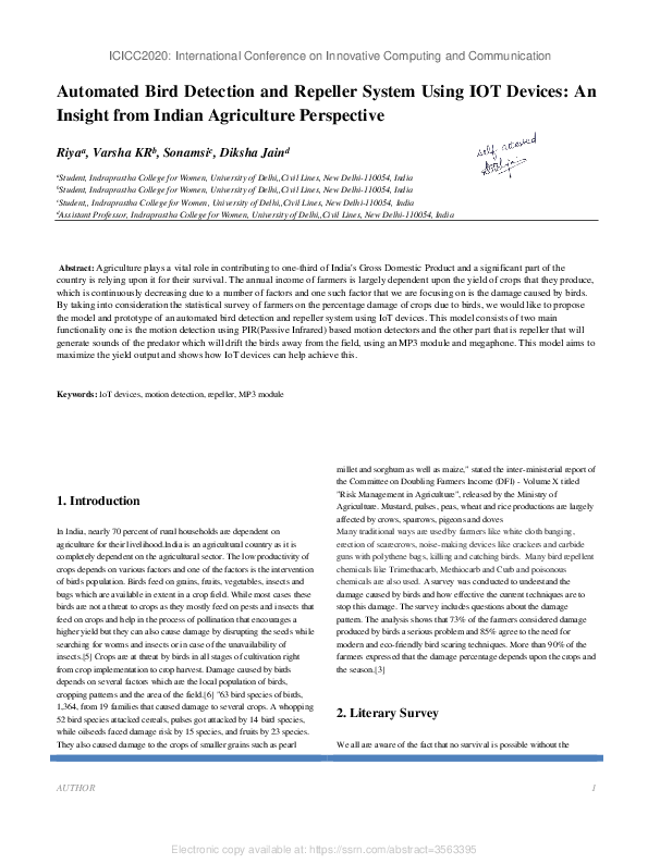 Pdf Automated Bird Detection And Repeller System Using Iot Devices An Insight From Indian