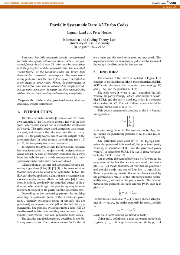 (PDF) Partially systematic rate 1/2 turbo codes