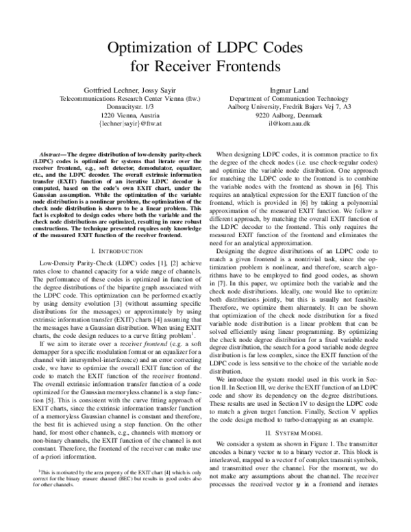 (PDF) Optimization of LDPC Codes for Receiver Frontends