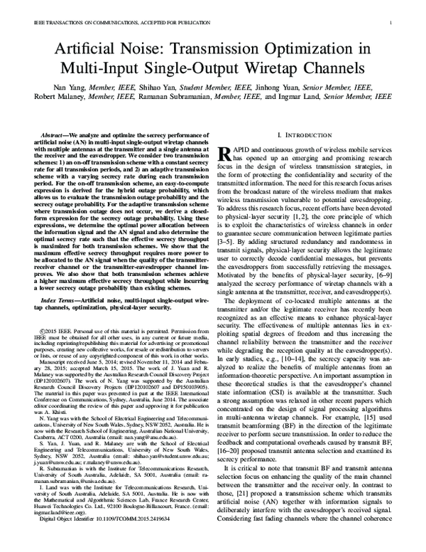 (PDF) Artificial Noise: Transmission Optimization in Multi-Input Single ...