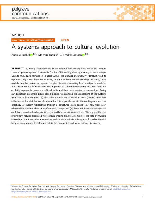 (PDF) A systems approach to cultural evolution