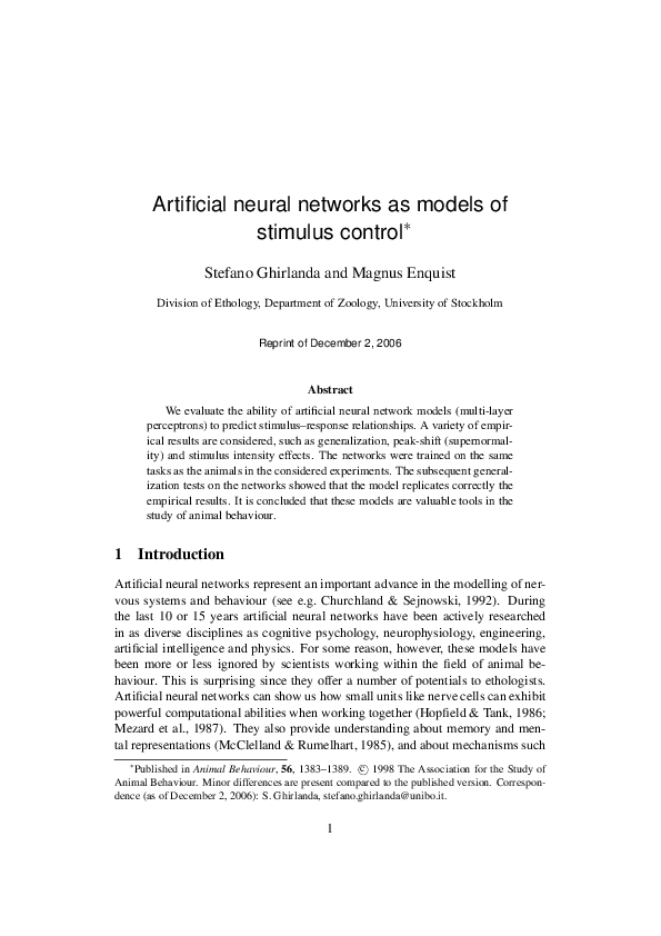 (PDF) Artificial neural networks as models of stimulus control