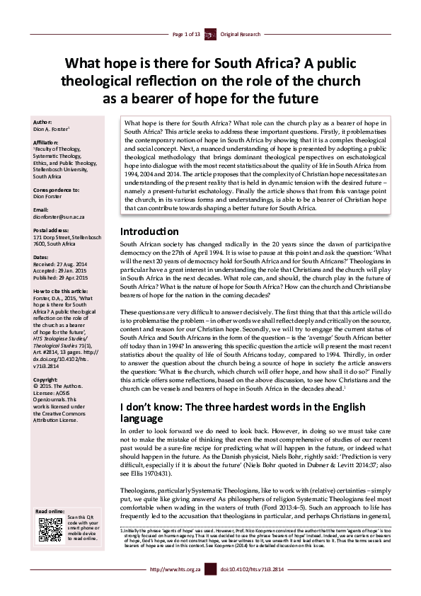 (PDF) What hope is there for South Africa? A public theological ...