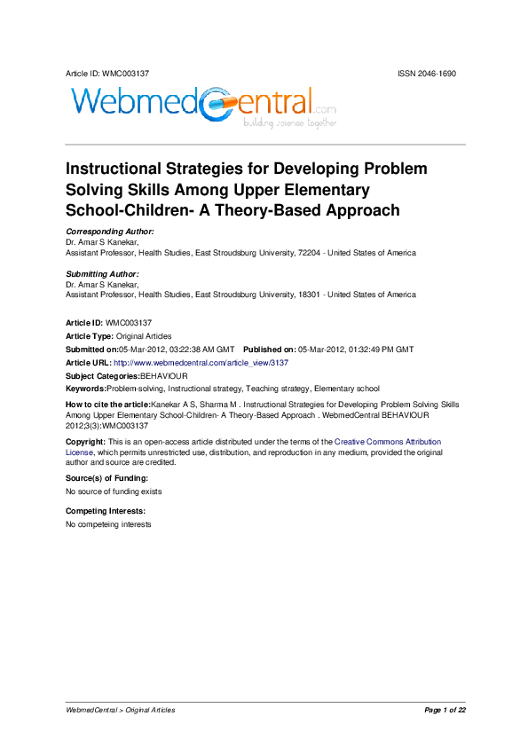 (PDF) Instructional Strategies for Developing Problem Solving Skills Among Upper Elementary ...