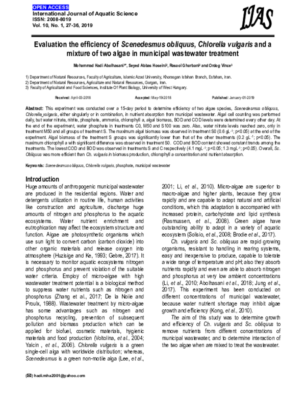 (PDF) Evaluation the efficiency of Scenedesmus obliquus, Chlorella vulgaris and a mixture of two ...