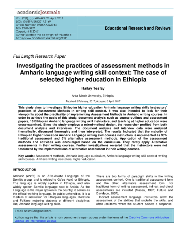 (PDF) Investigating the practices of assessment methods in Amharic ...