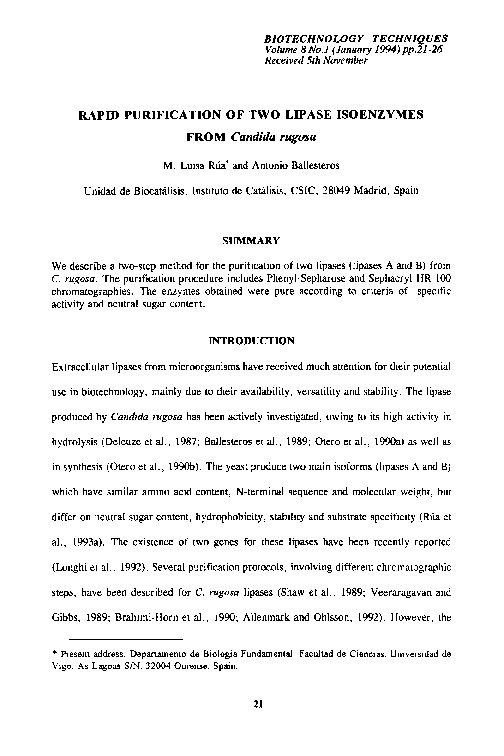 (PDF) Rapid purification of two lipase isoenzymes from Candida rugosa