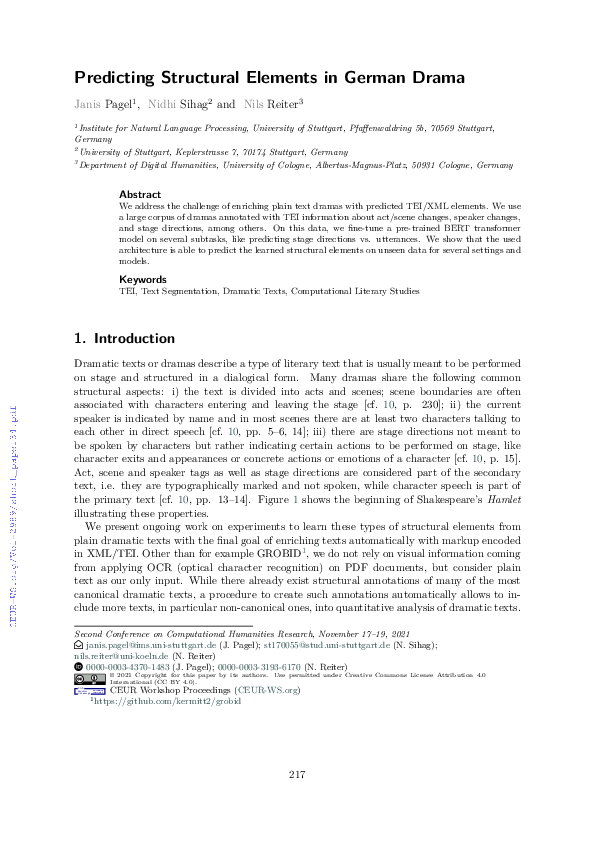(PDF) Predicting Structural Elements in German Drama