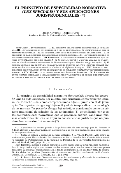 (PDF) El principio de especialidad normativa (lex specialis) y sus aplicaciones jurisprudenciales