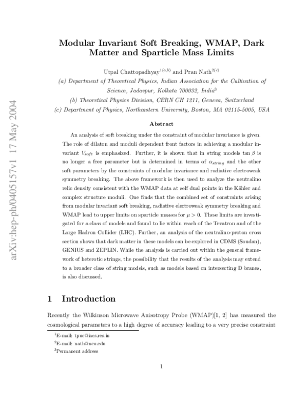 (PDF) Modular invariant soft breaking, WMAP, dark matter, and sparticle ...