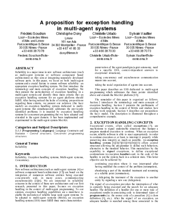 (PDF) A Proposition for Exception Handling in Multi-Agent Systems