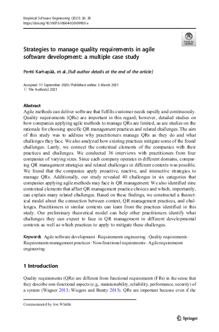 (PDF) Strategies to manage quality requirements in agile software development: a multiple case study