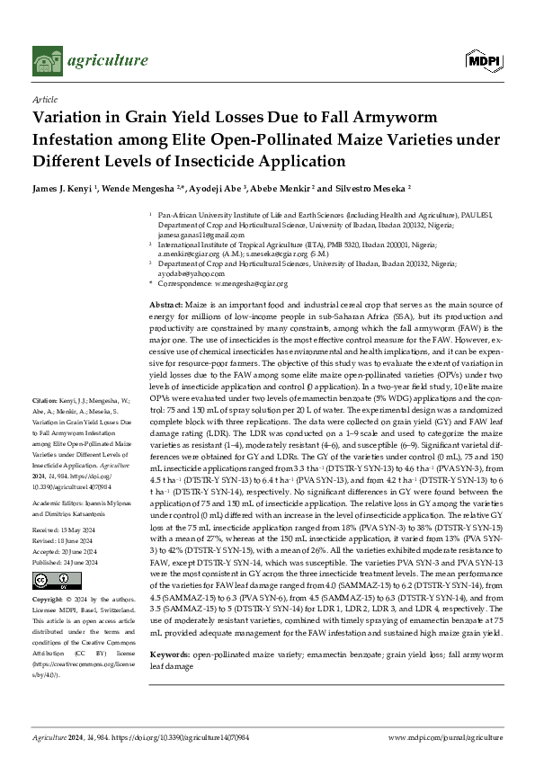(PDF) Variation in Grain Yield Losses Due to Fall Armyworm Infestation ...