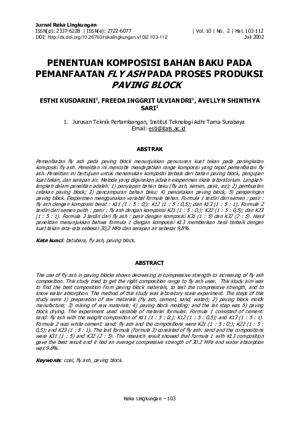 (PDF) Penentuan Komposisi Bahan Baku Pada Pemanfaatan Fly Ash Pada Proses Produksi Paving Block