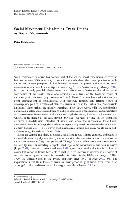 (PDF) Social Movement Unionism or Trade Unions as Social Movements