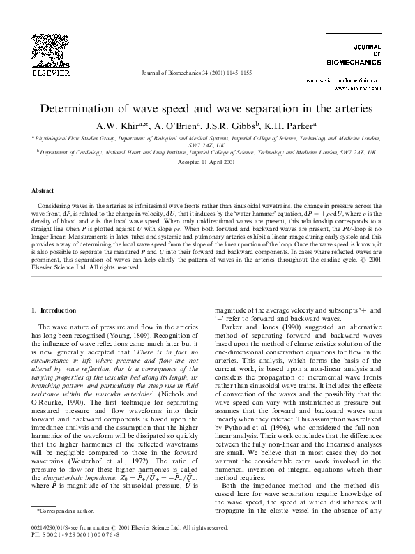 (PDF) Determination of wave speed and wave separation in the arteries