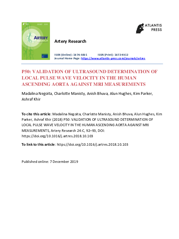 (PDF) Validation of ultrasound determination of local Pulse Wave Velocity in the human ascending ...