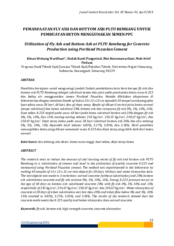 (PDF) Pemanfaatan Fly Ash PLTU Rembang untuk Pembuatan Beton Menggunakan Semen PPC