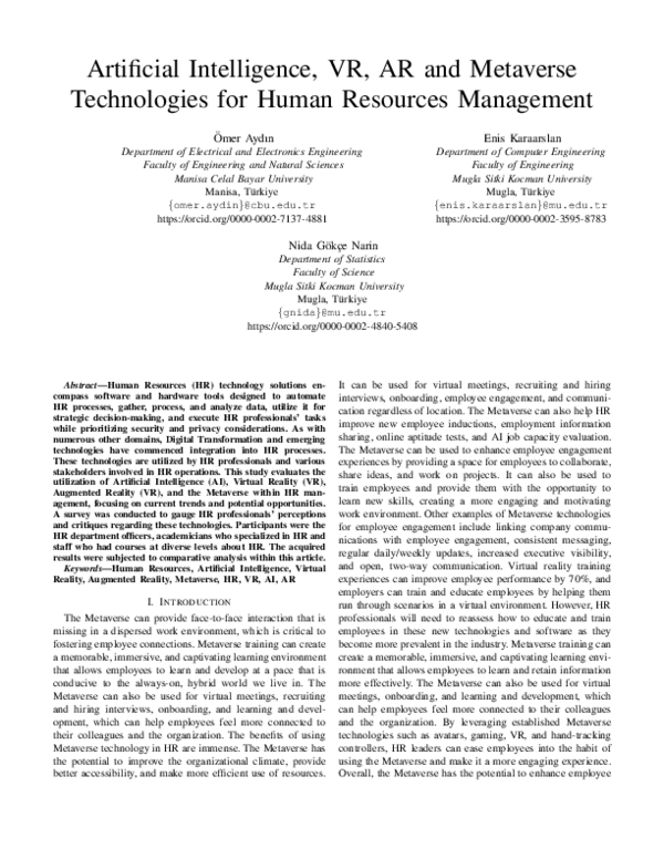 (PDF) Artificial Intelligence, VR, AR and Metaverse Technologies for Human Resources Management
