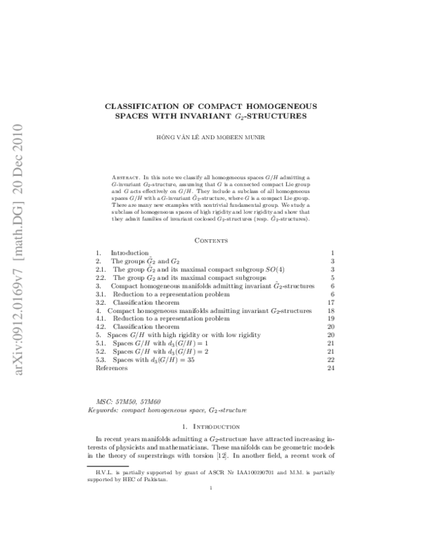(PDF) Classification of compact homogeneous spaces with invariant G2-structures