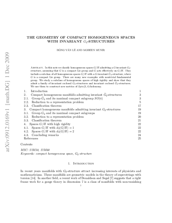 (PDF) Homogeneous Spaces with Invariant G2 Structures
