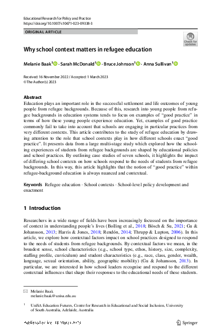 (PDF) Why school context matters in refugee education