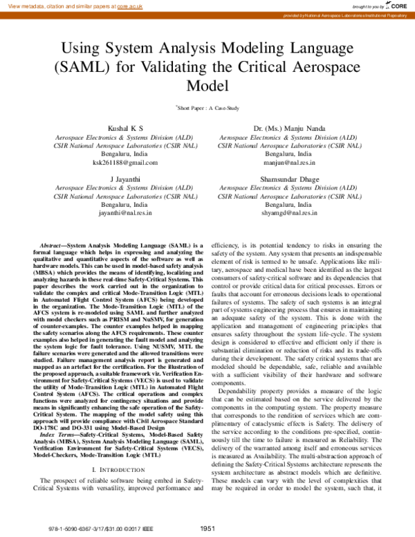 (PDF) Using system analysis modeling language (saml) for validating the critical aerospace model ...