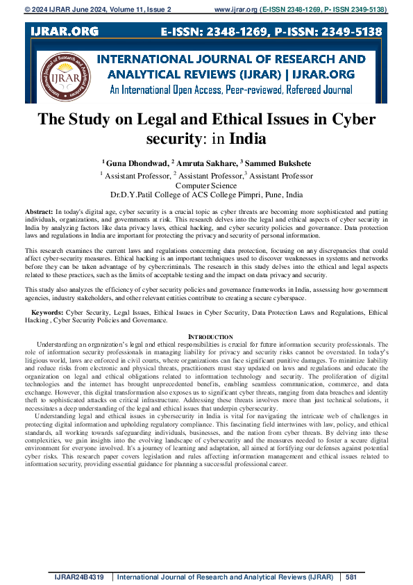 (PDF) The Study on Legal and Ethical Issues in Cyber security: in India